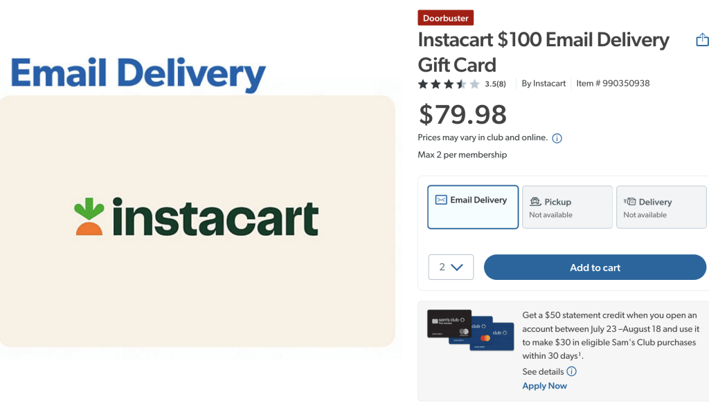 Discounted Instacart Gift Cards: $100 for $79.98 at Samsclub.com