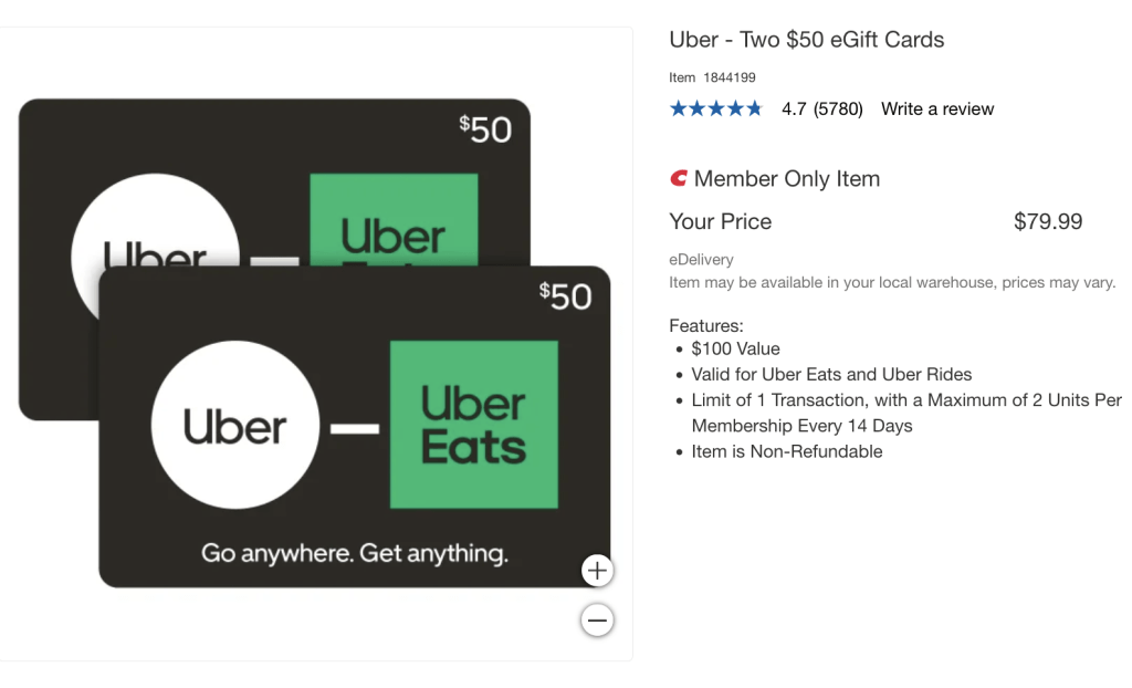 Discounted Uber Gift Cards: $100 for $79.99 at Costco.com